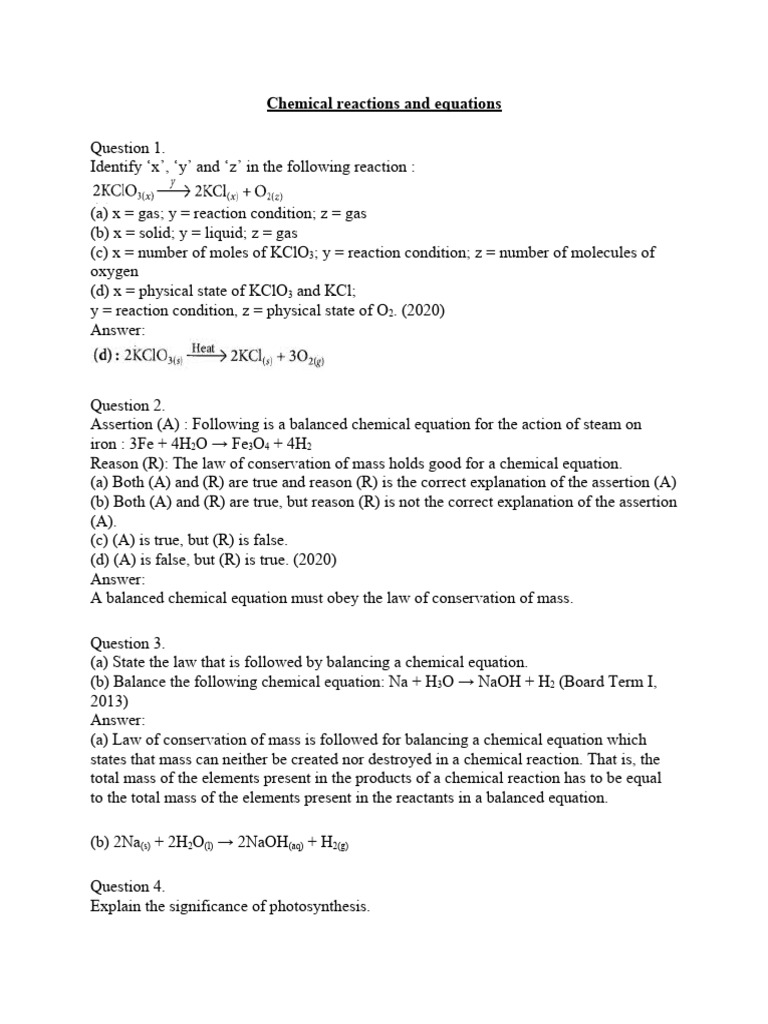 Chemical Reactions and Equations-Question Bank | Download Free PDF ...