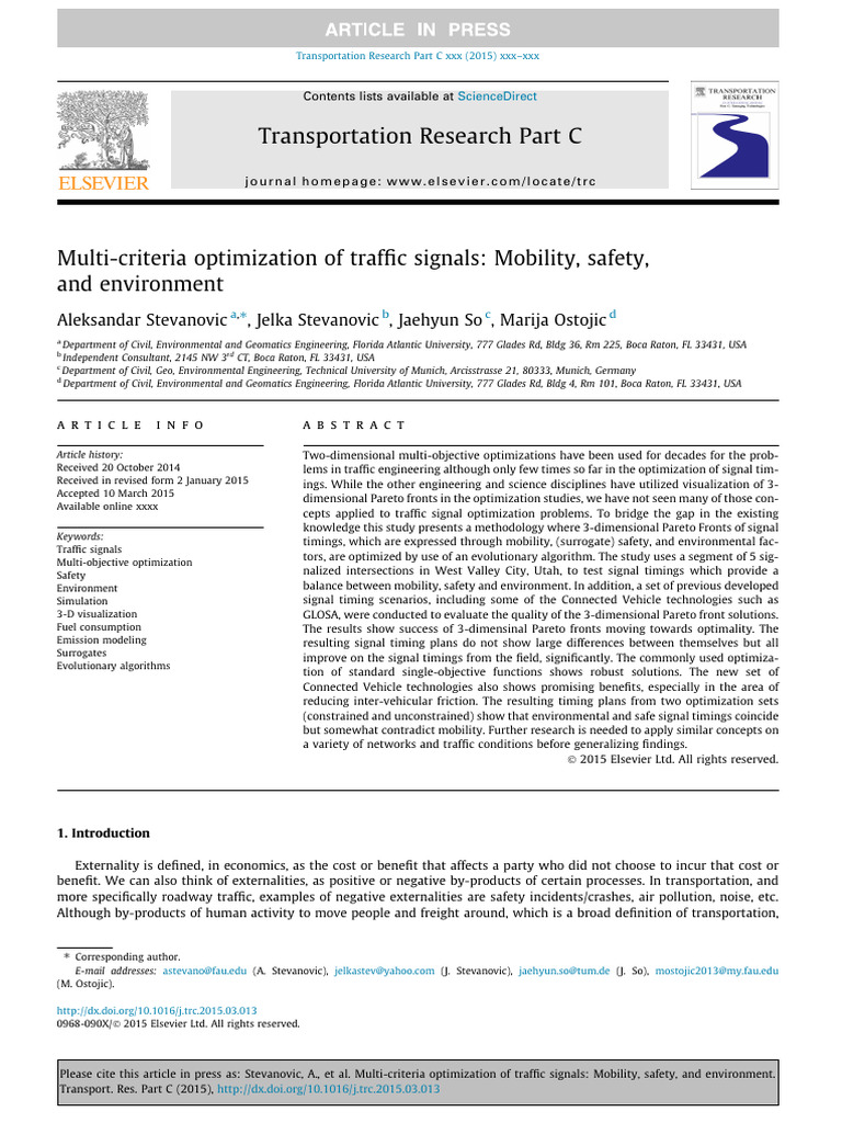 Multi Criteria Optimization Of Traffic Signals Mobility Safety And