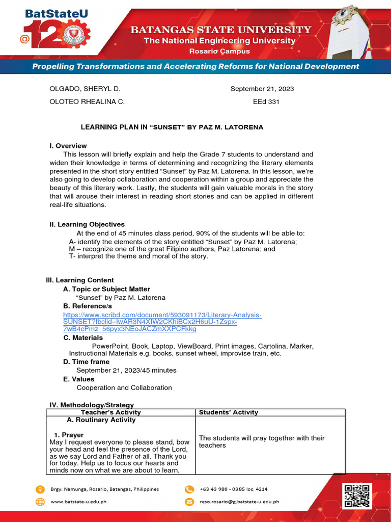 Grade 7 Literary Elements Lesson | PDF | Lesson Plan