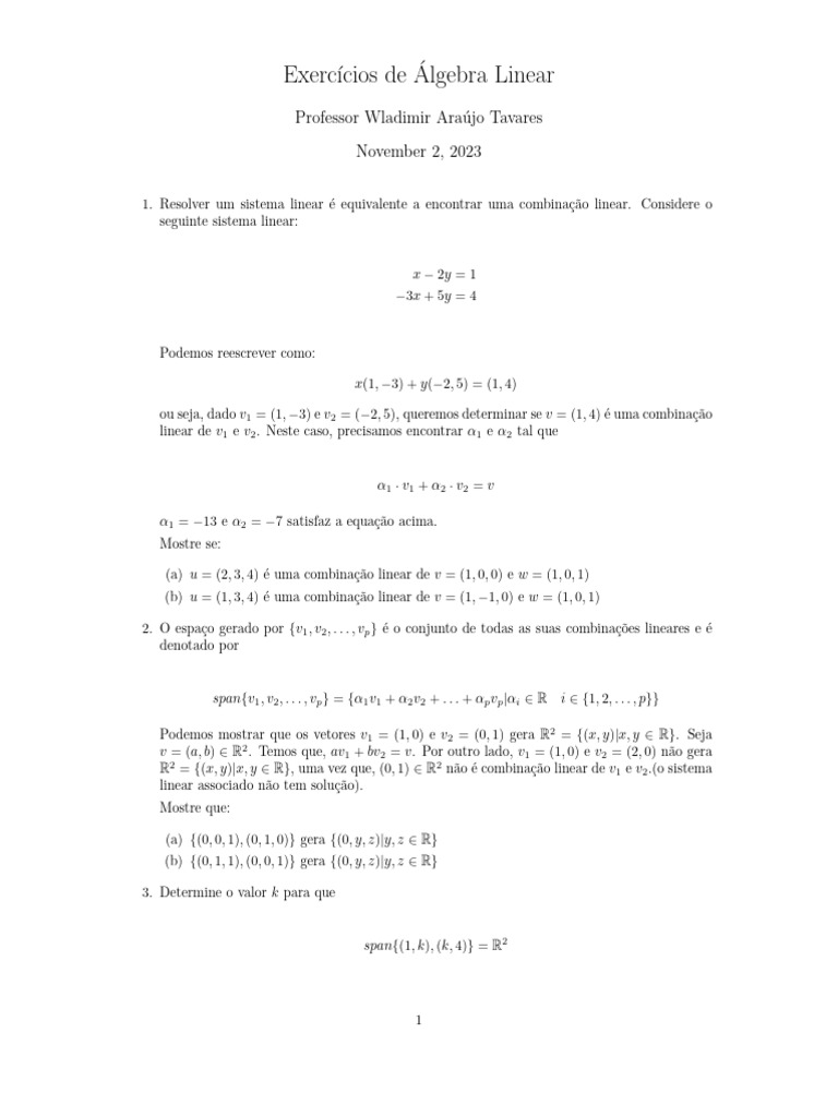 Exercícios de Álgebra Linear e Combinações Lineares | PDF | Espaço ...