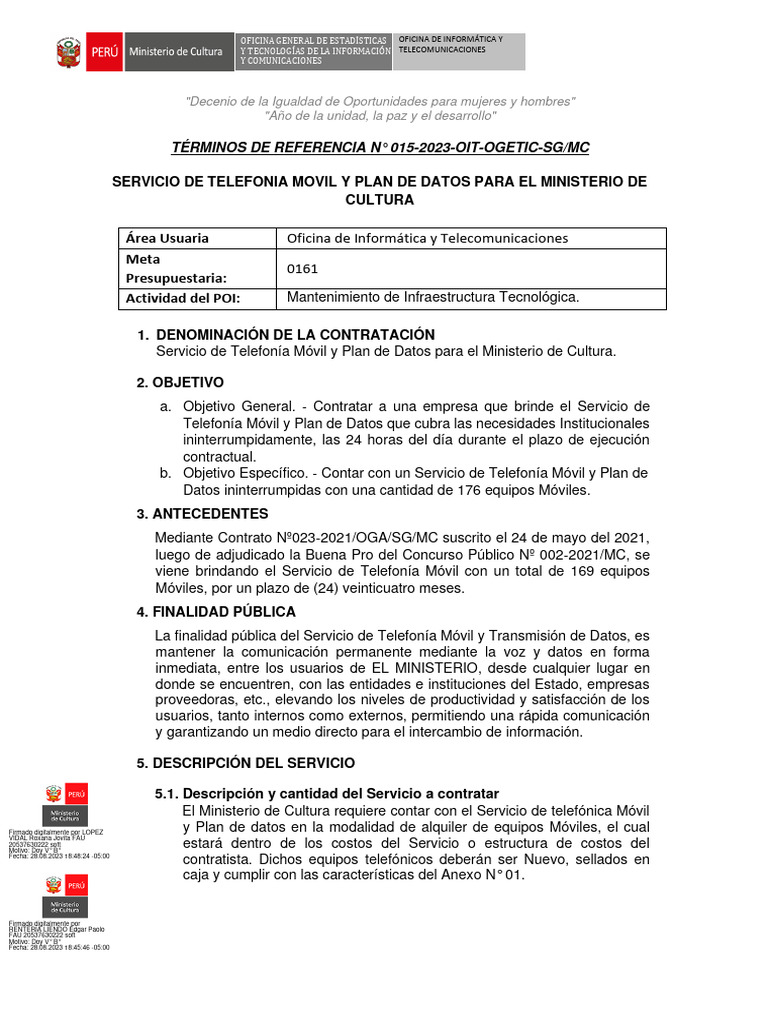 TDR - 015 - 2023 Servicio de Telefonía Móvil y Gestión vFINAL (004) FF | PDF | Teléfonos móviles ...
