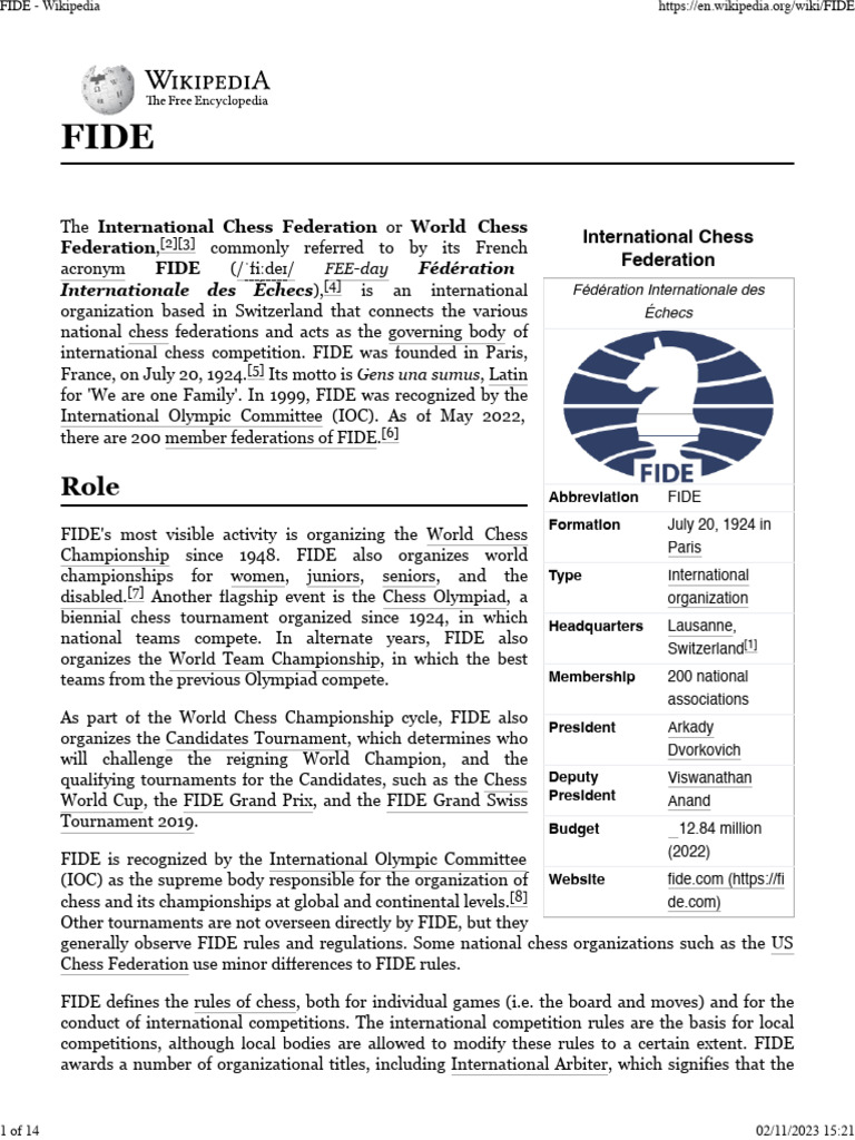 FIDE | PDF | World Chess Championships | Traditional Board Games