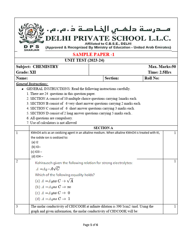 Unit Test Sample Paper Grade 12 Chemistry | PDF | Acid | Chemical Reactions