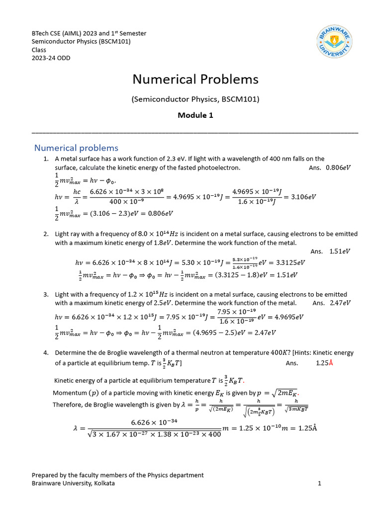 Solution Numerical Problem Module1 BSCM101 | PDF | Electron | Quantum Mechanics
