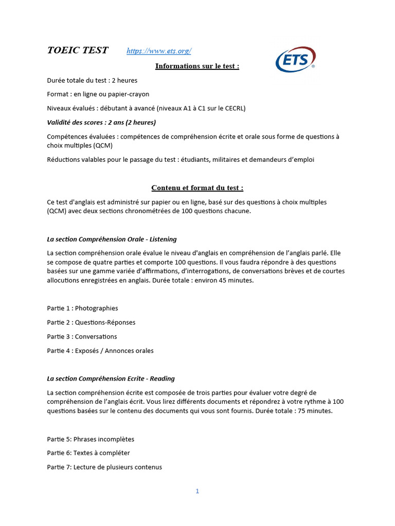 Resume Tests Toeic TOEFL | PDF | Tests standardisés | Qualifications