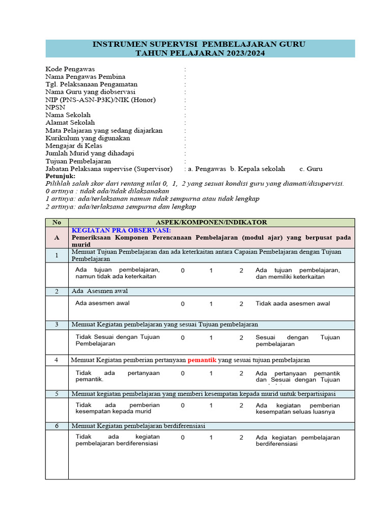 Final Instr. Supervisi Akademik 2023 | PDF