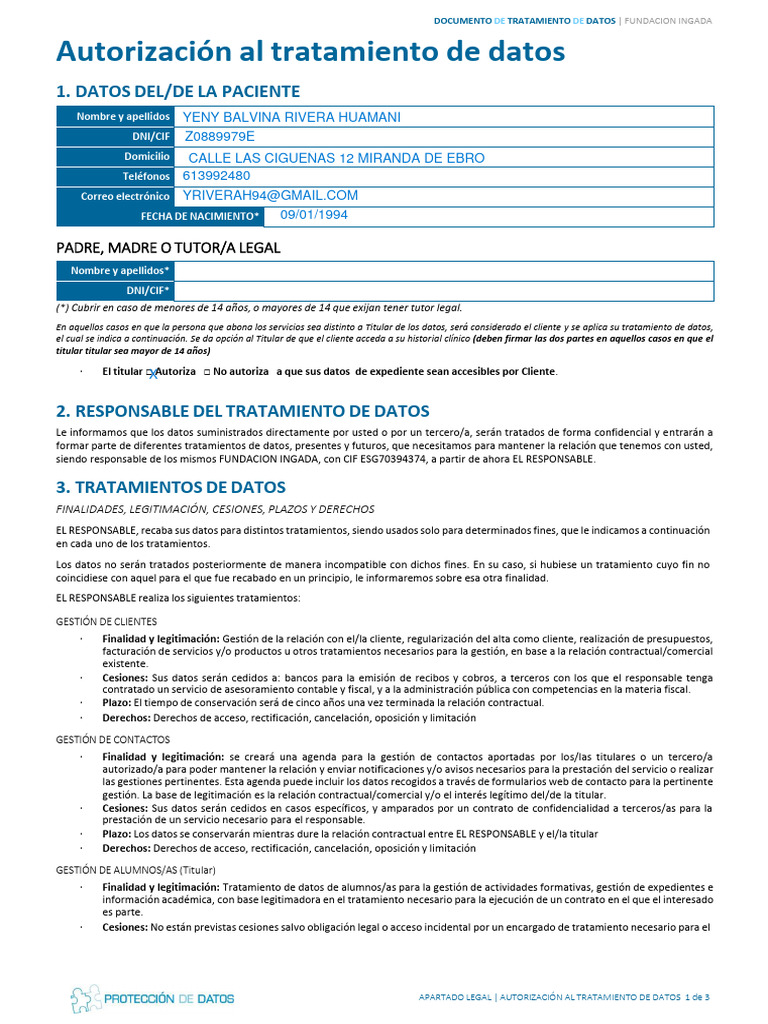 Autorización Tratamiento de Datos INGADA | PDF | Historial médico
