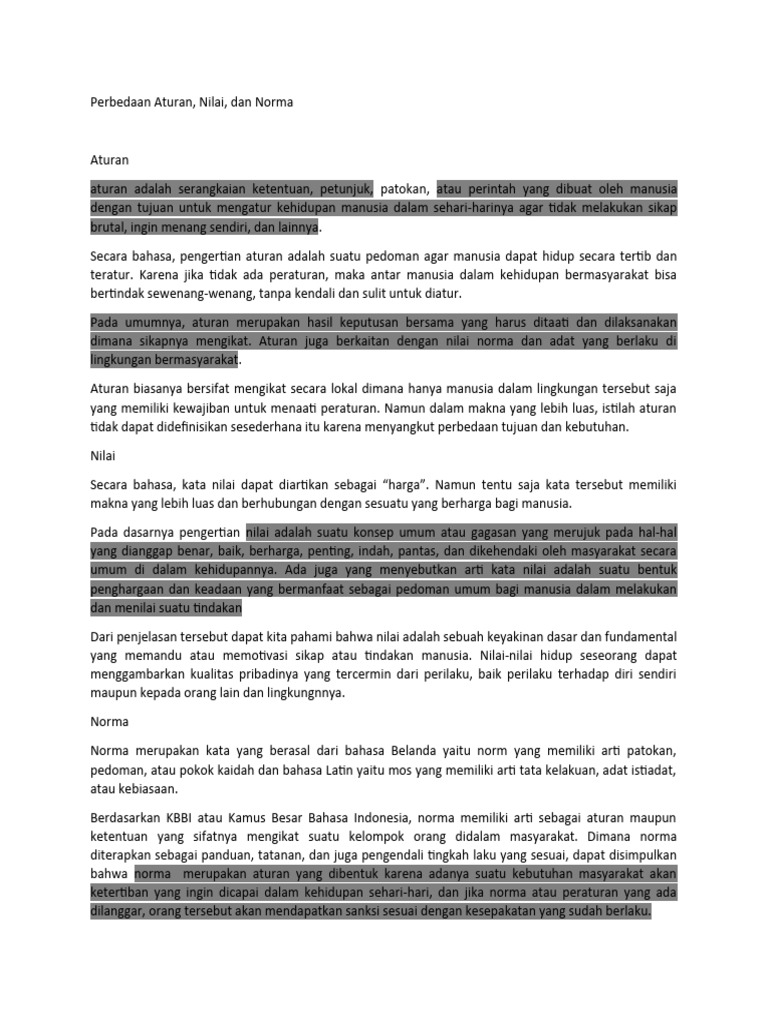 Perbedaan Aturan, Nilai, dan Norma | PDF
