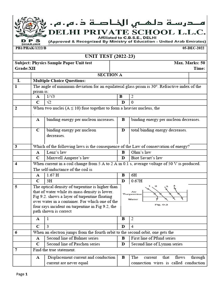 GR 12 Unit Test Sample Paper QP | PDF | Magnetism | Inductance