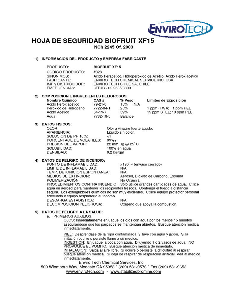 BIOFRUIT XF15 Hoja de Seguridad FEB 2017 | PDF | Agua | Química