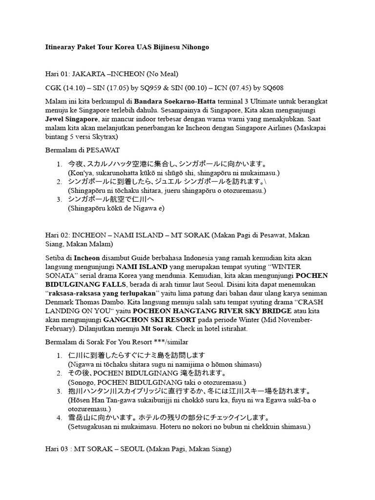 Itinearay Paket Tour Korea UAS Bijinesu Nihongo | PDF
