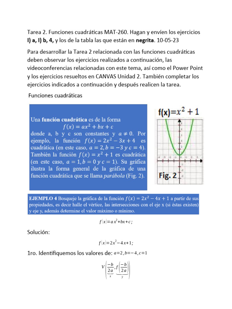 Tarea 2. Funciones Cuadráticas MAT-260. 10-05-23 | PDF | Ecuación cuadrática | Matemáticas