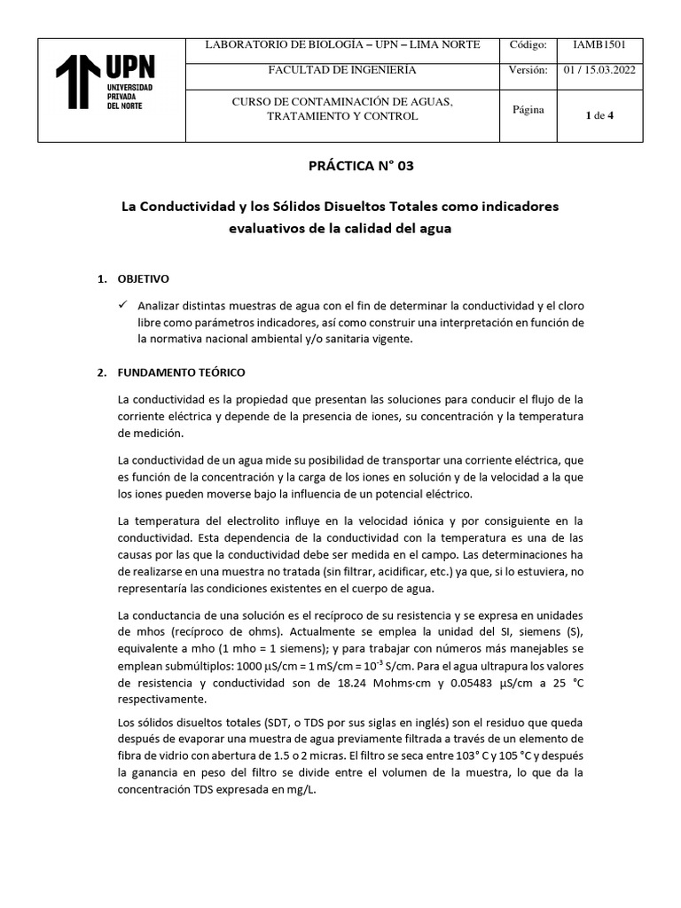 JP - Lab - S3 - Conductividad y TDS | PDF | Agua | Química JP - Lab - S3 - Conductividad y TDS | PDF | Agua | Química