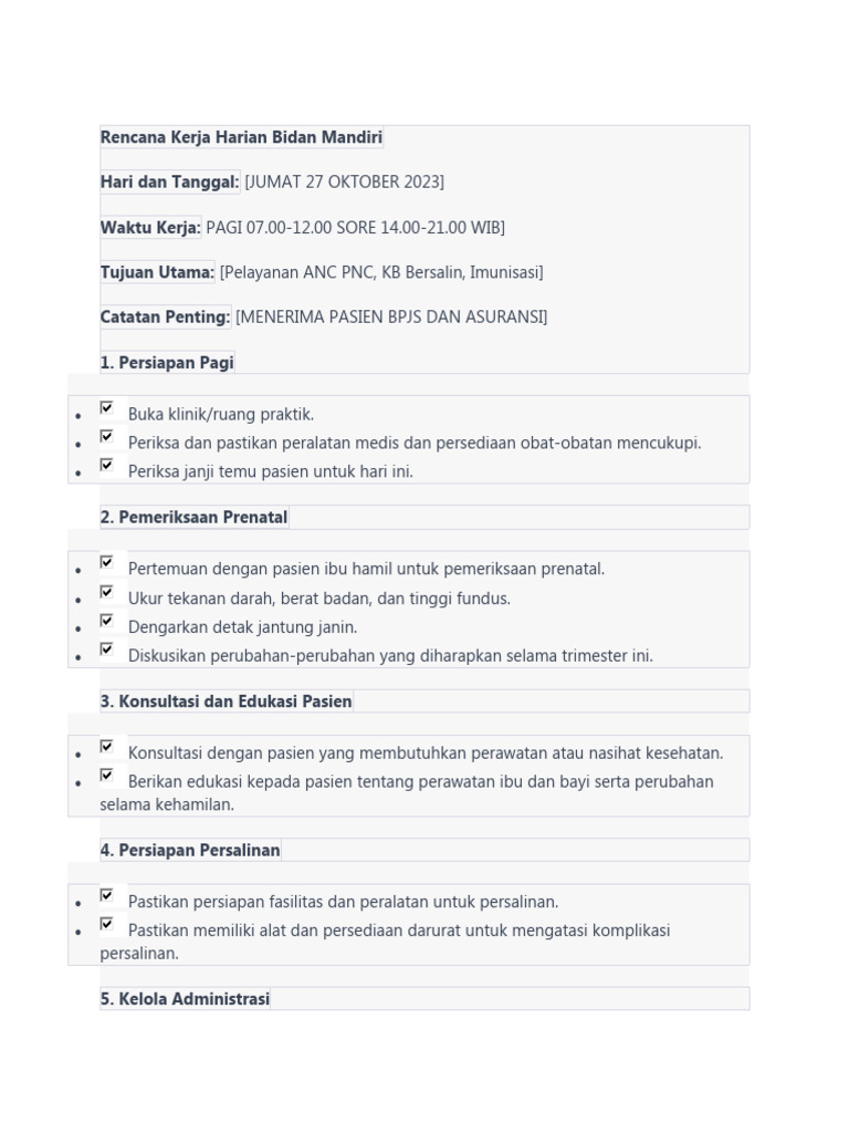 Rencana Kerja Harian Bidan Mandiri | PDF