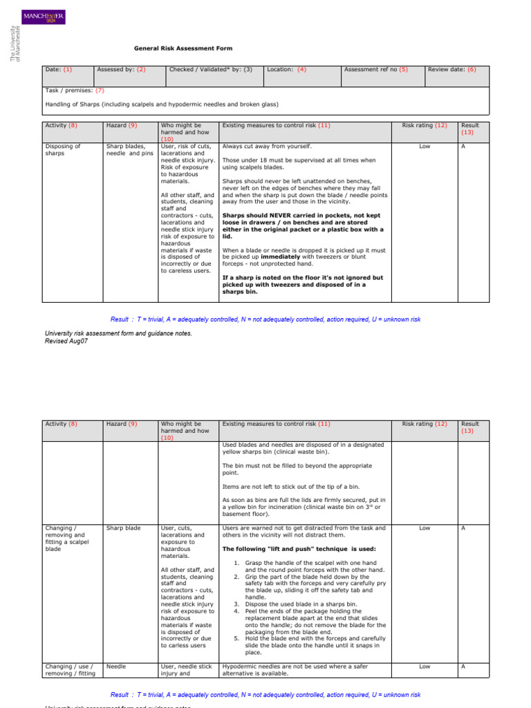 Sharps Handling Risk Assessment Form | PDF | Occupational Safety And ...