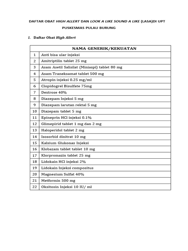 Daftar Obat Lasa Dan High Alert | PDF | Products Of Chemical Industry ...