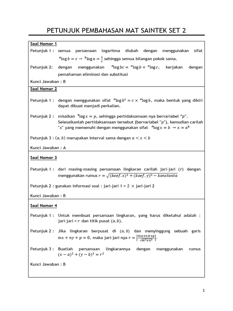 Petunjuk Pembahasan Soal Mat Saintek Set 2 | PDF