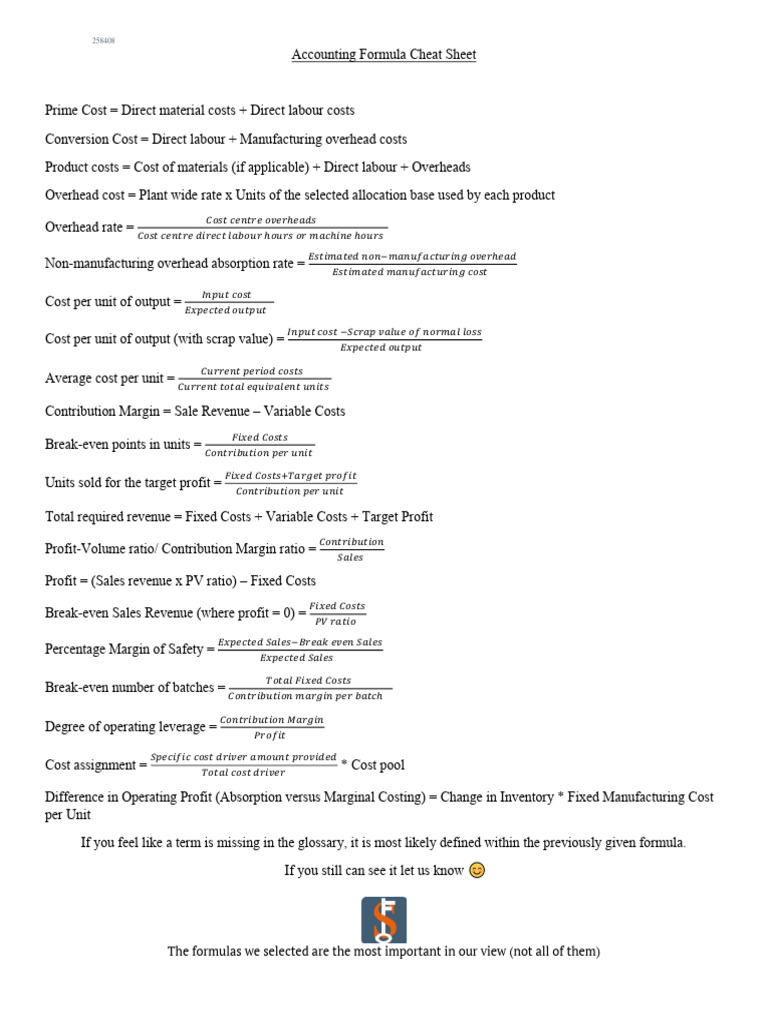 Accounting Formula Cheat Sheet Pdf Cost Production And Manufacturing