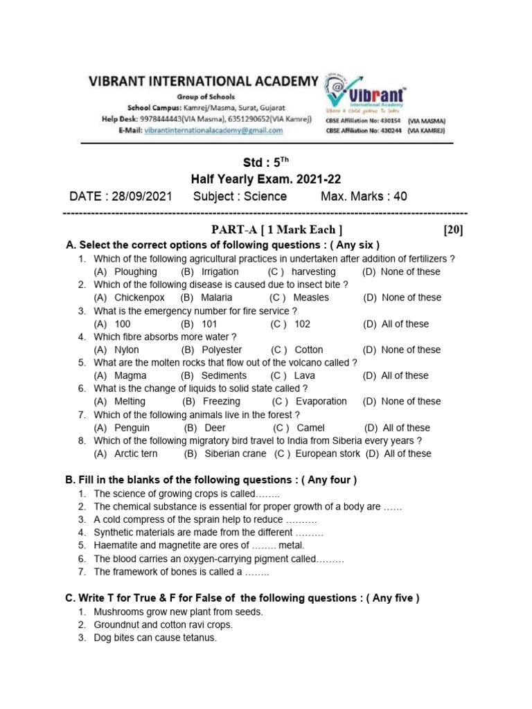 Class 5 Science Half Yearly Exam 2021-22 | PDF | Bird Migration | Bone