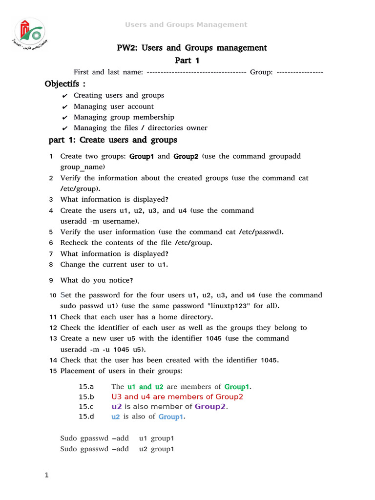 TP2 - Part1-Users and Groups Management | PDF | User (Computing) | Sudo