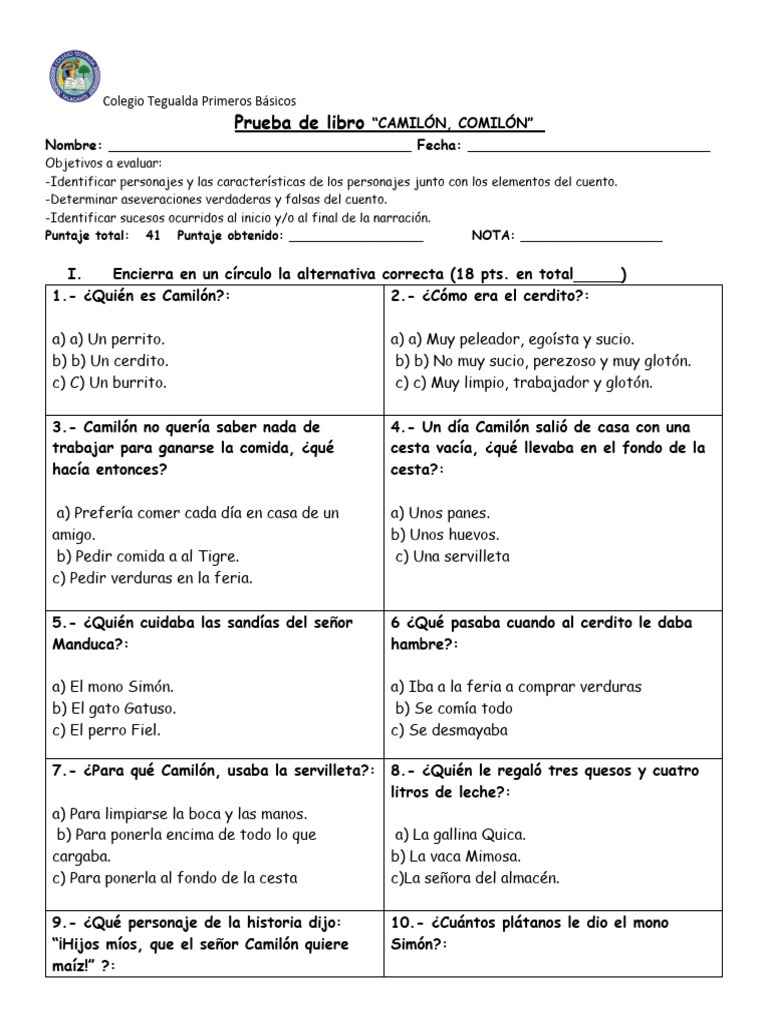 Prueba sobre Camilón Comilón | PDF | Comida y bebida | Alimentos
