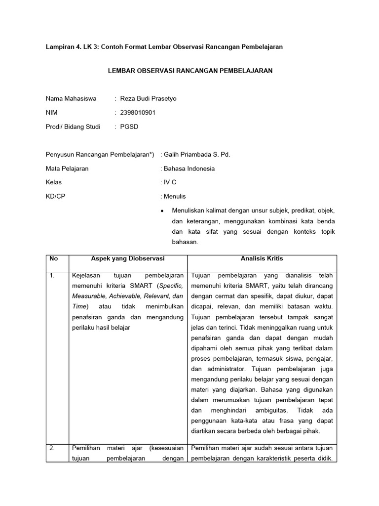 Lampiran 4. LK 3 Contoh Format Lembar Observasi Rancangan Pembelajaran 2 | PDF