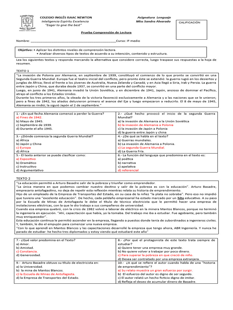 Prueba de Comprensión Lectora Iº Medio | PDF | Espartaco | Samurai