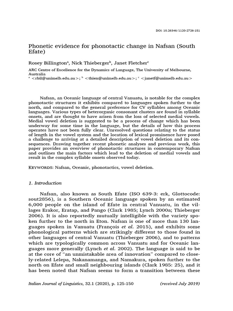 Phonetic Evidence For Phonotactic Change in Nafsan (South Efate) | PDF | Syllable | Vowel