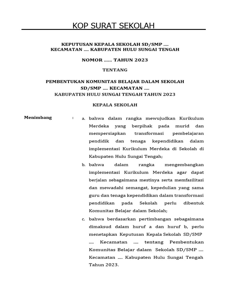 Format SK Komunitas Belajar dalam Sekolah HST | PDF