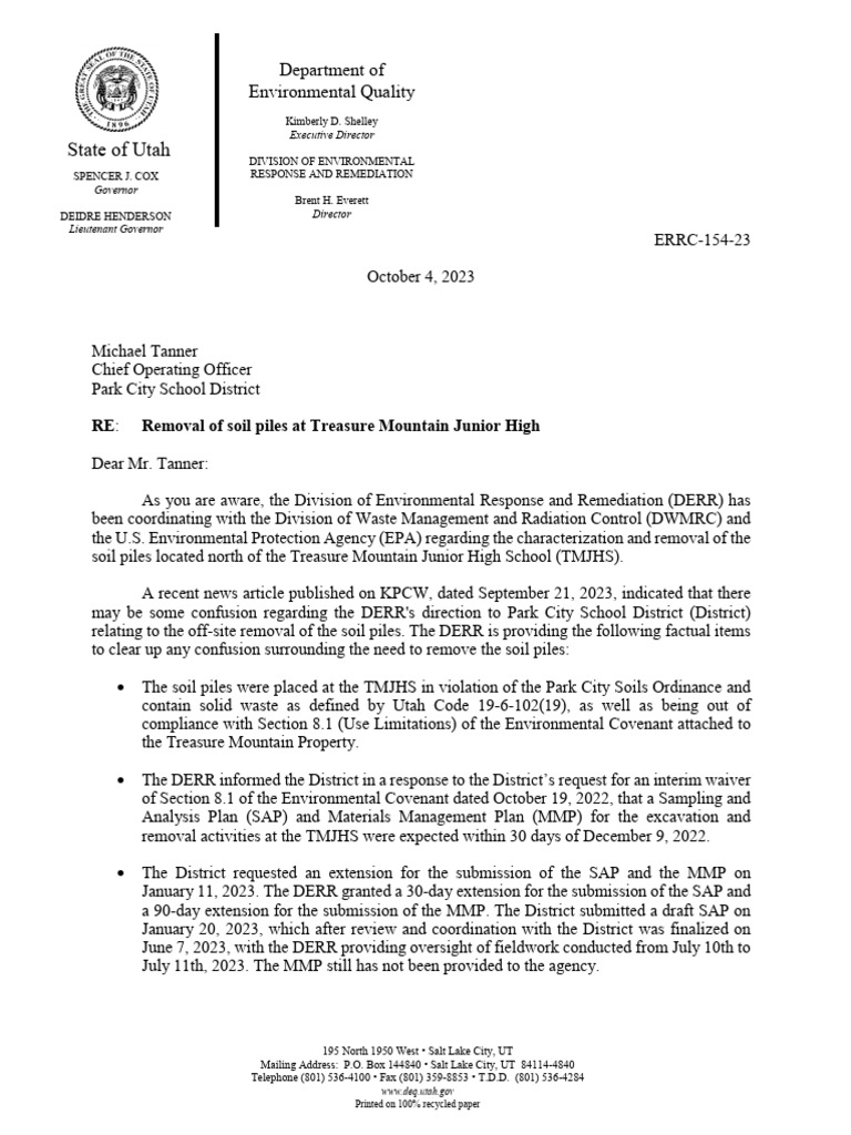 DEQ Letter To Park City Schools District | PDF | Waste | United States ...