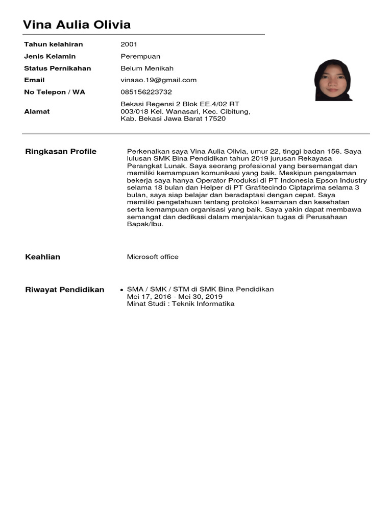 Profil Vina Aulia Olivia: Profesional Bersemangat di Bidang Produksi ...