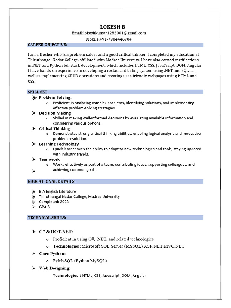 lokesh Resume | PDF | Critical Thinking | World Wide Web