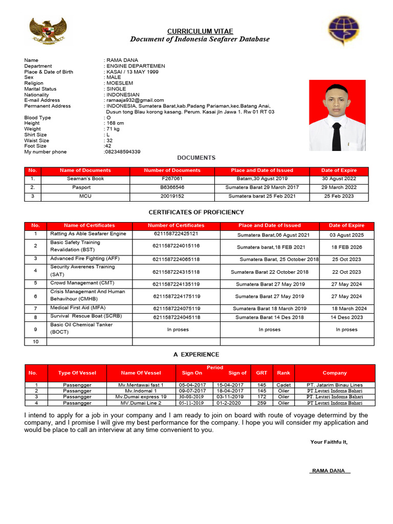 CV Lamaran Kerja Rama Baru | PDF | Merchant Navy | Watercraft