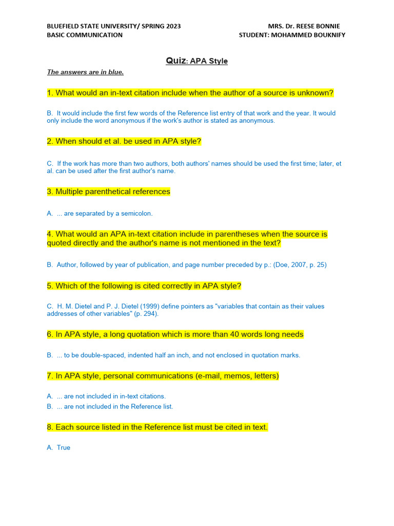 APA Quiz | PDF | Apa Style | Citation