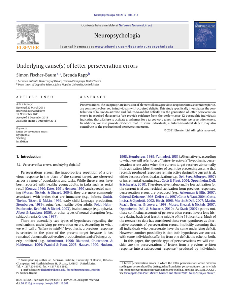 Underlying Causes of Letter Perseveration Errors | PDF | Word | Orthography
