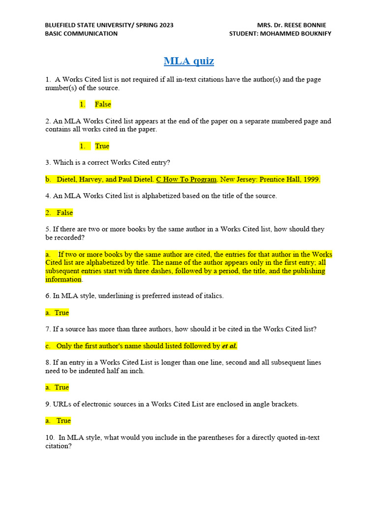 MLA Quiz | PDF | Bracket | Citation