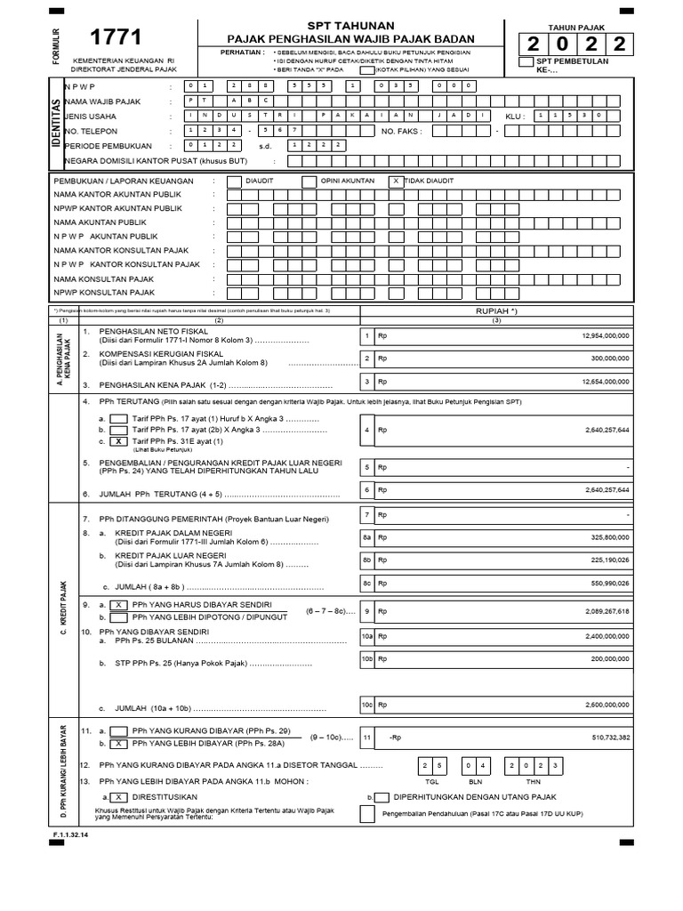 Formulir SPT 1771 Tahun Pajak 2022 | PDF