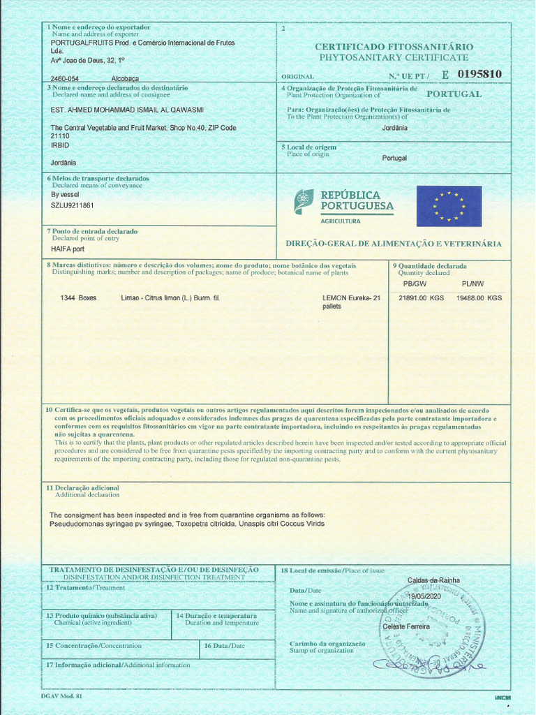 Phytosanitary Certificate SZLU9211861 | PDF