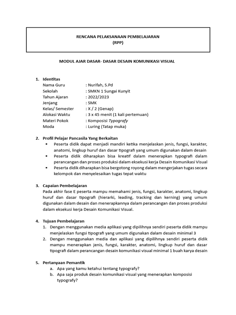 Rencana Pelaksanaan Pembelajaran (RPP) | PDF