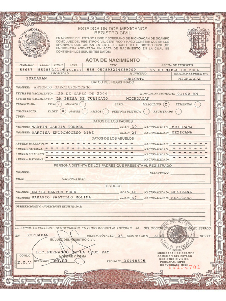 Acta de Nacimiento Mexico | PDF