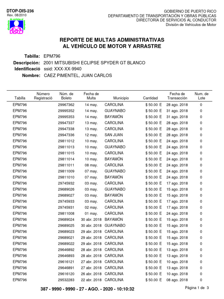 Reporte de Multas Administrativas Al Vehículo de Motor Y Arrastre | PDF