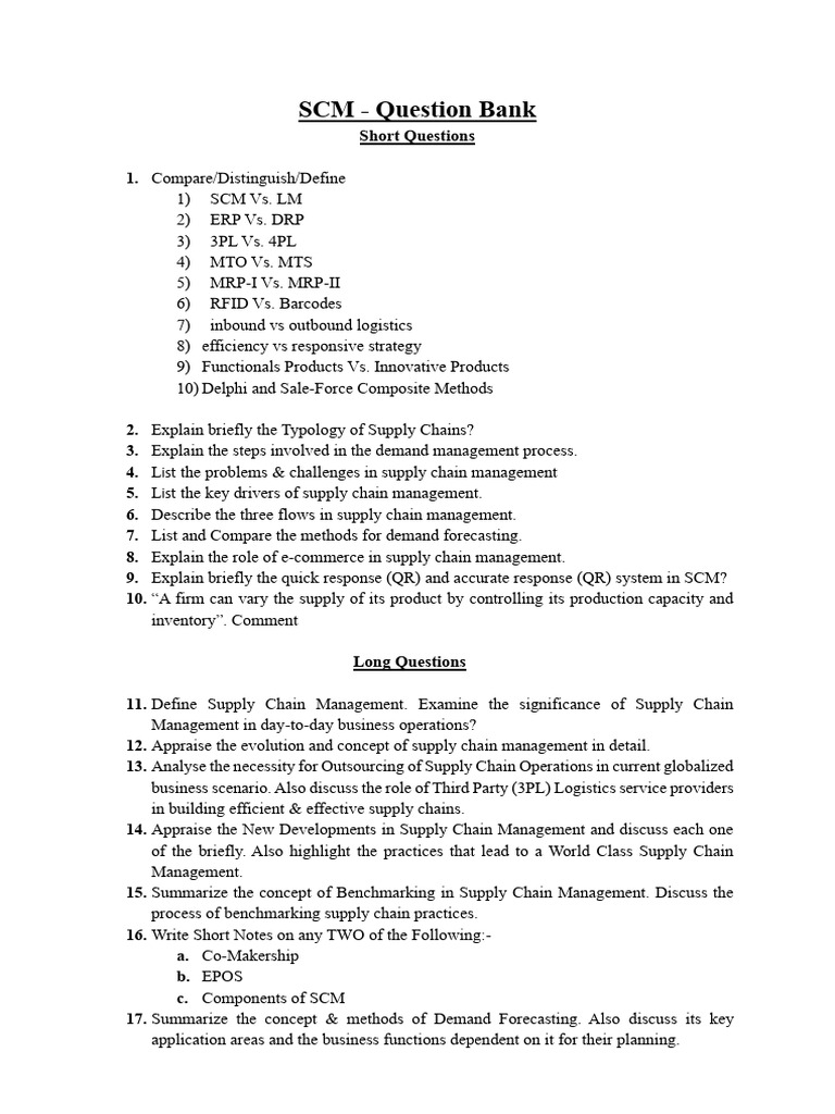 SCM Question Bank | PDF | Supply Chain Management | Supply Chain