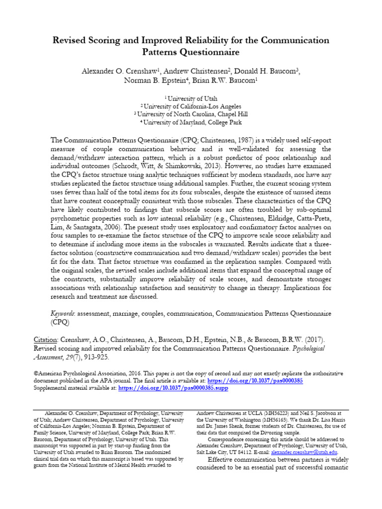 Crenshaw Et Al 2017 Revised Scoring For The Communication Patterns Questionnaire Pdf