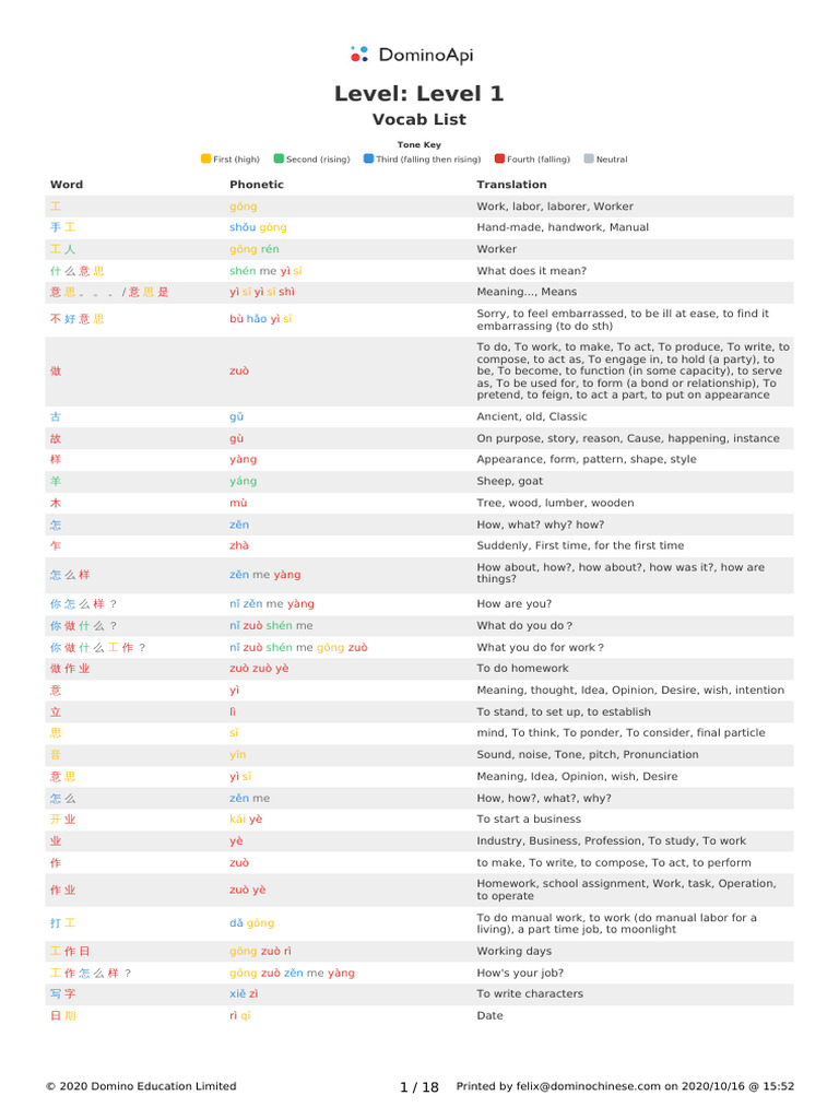 Vocab List Level 1 (Color-Coded) - DominoChinese | PDF | Chinese ...