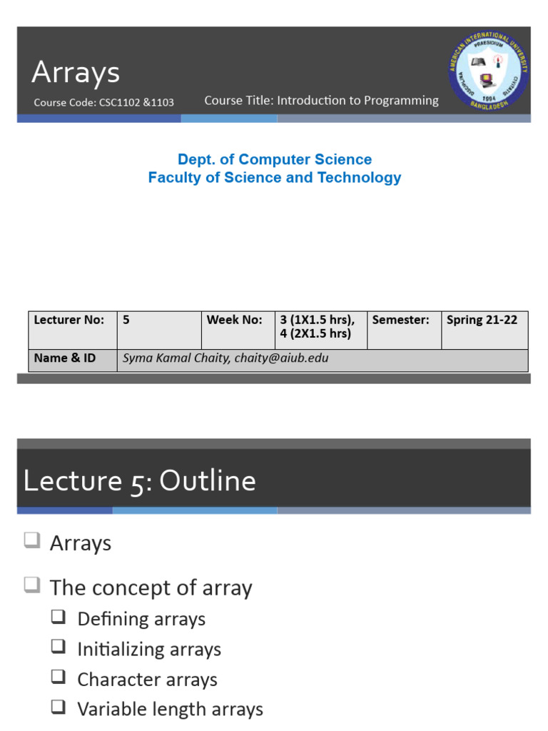Fall 23-24lecture 5 Arrays | PDF | Variable (Computer Science) | Pointer (Computer Programming)