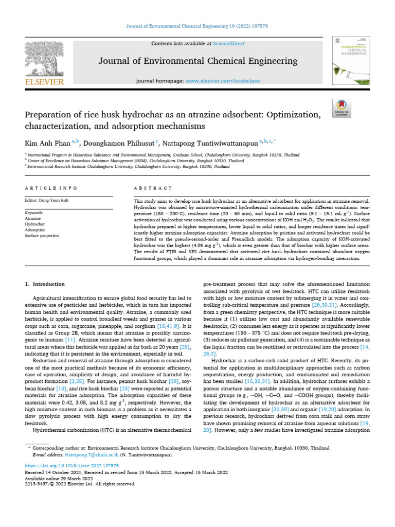 Preparation of Rice Husk Hydrochar As An Atrazine Adsorbent - Optimization, Characterization ...