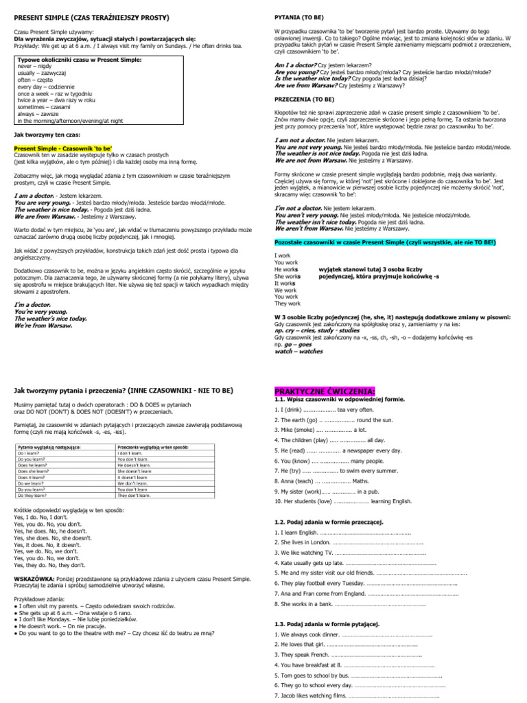 A1 PRESENT SIMPLE (Teoria + Zadania) | PDF