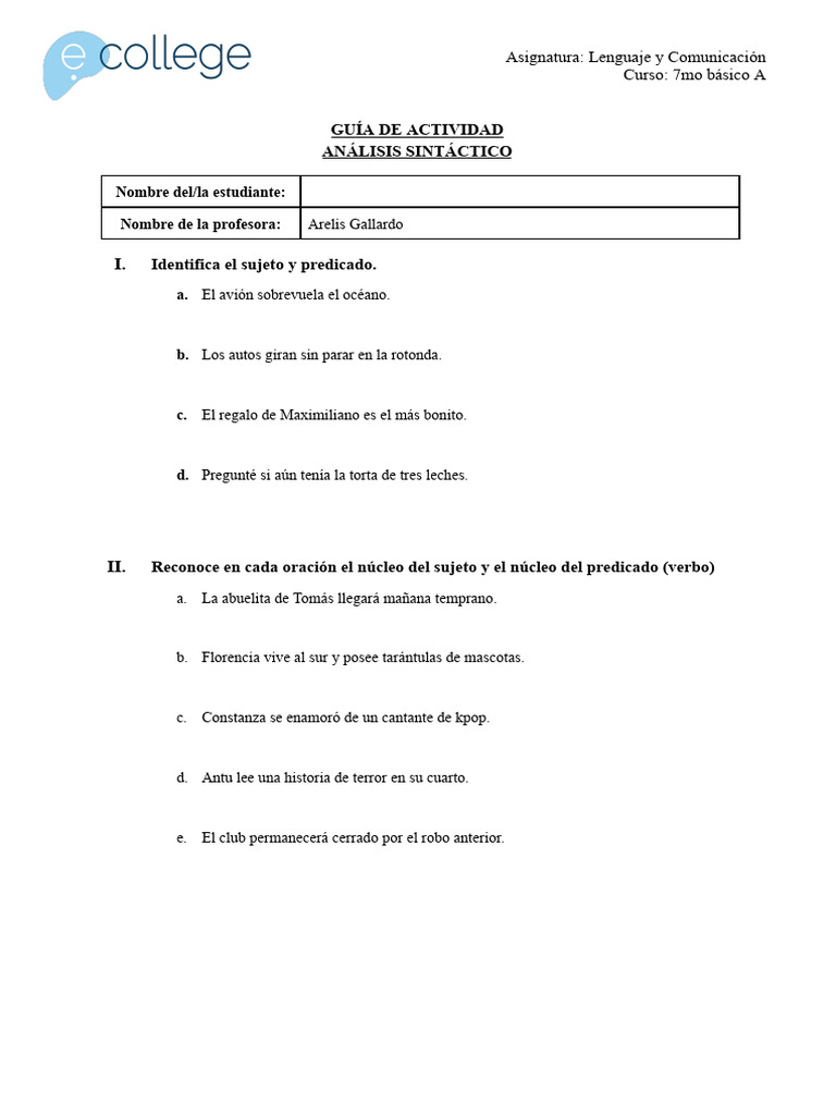 Guía - Análisis Sintáctico - 7mo A | PDF | Predicado (Gramática) | Asunto (gramática)