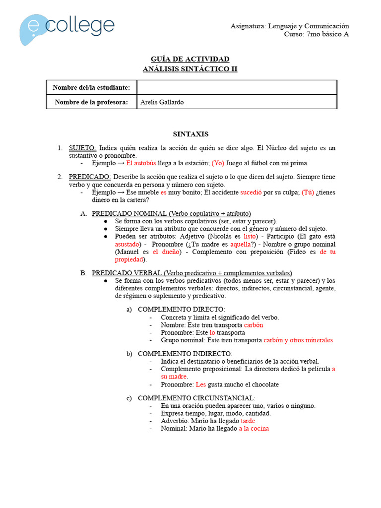 Guía de Sintaxis para 7mo Básico | PDF | Verbo | Asunto (gramática)