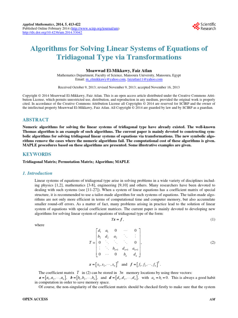 Algorithms For Solving Linear Systems Of Equations Pdf Matrix Mathematics Operator Theory